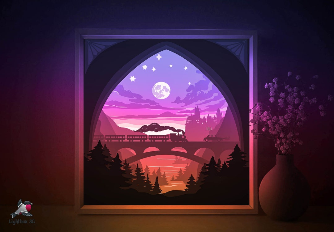 Night Train Shadow Box SVG Template, Mountain Forest Nature Papercut ...
