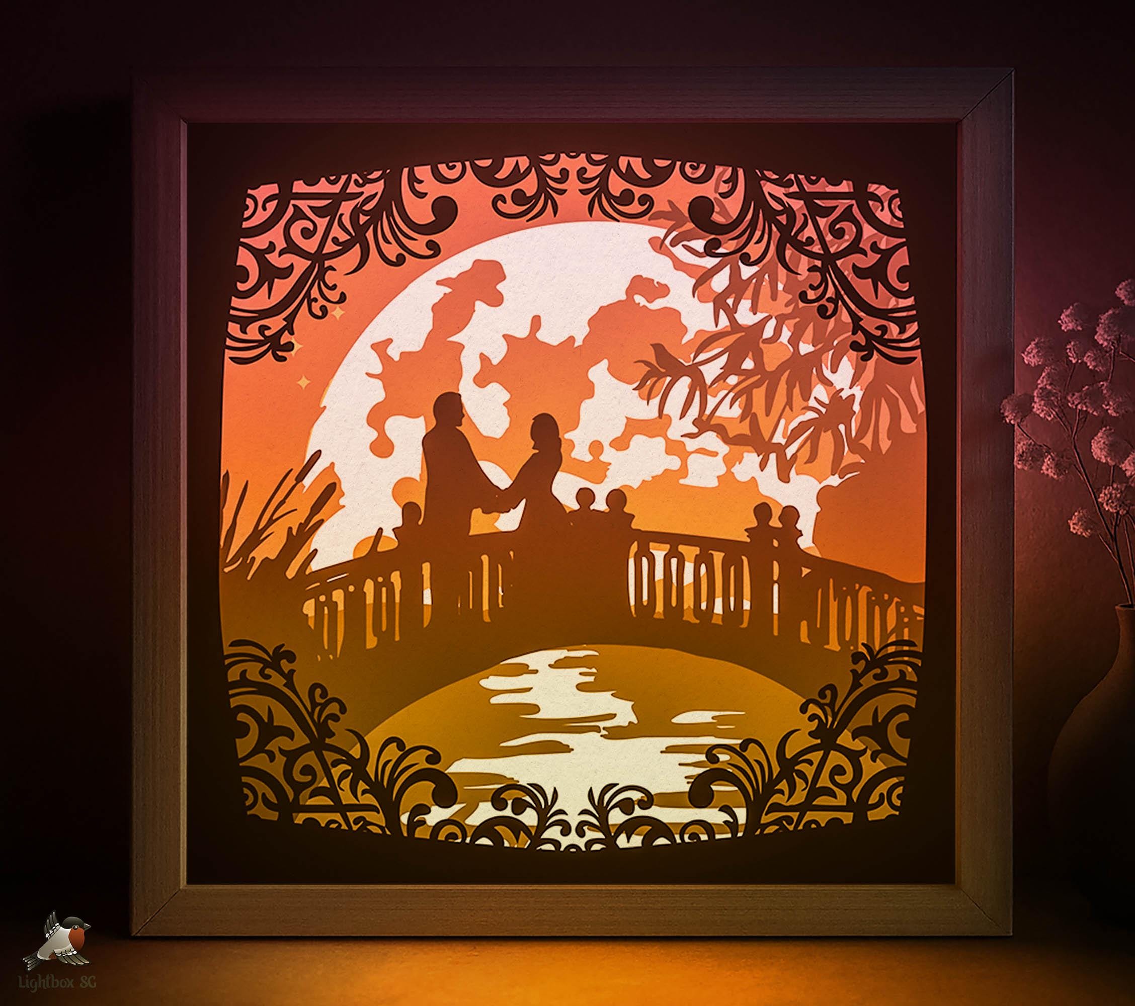 Full Moon Shadow Box SVG Template, Romantic Love Pair Papercut Lightbox ...