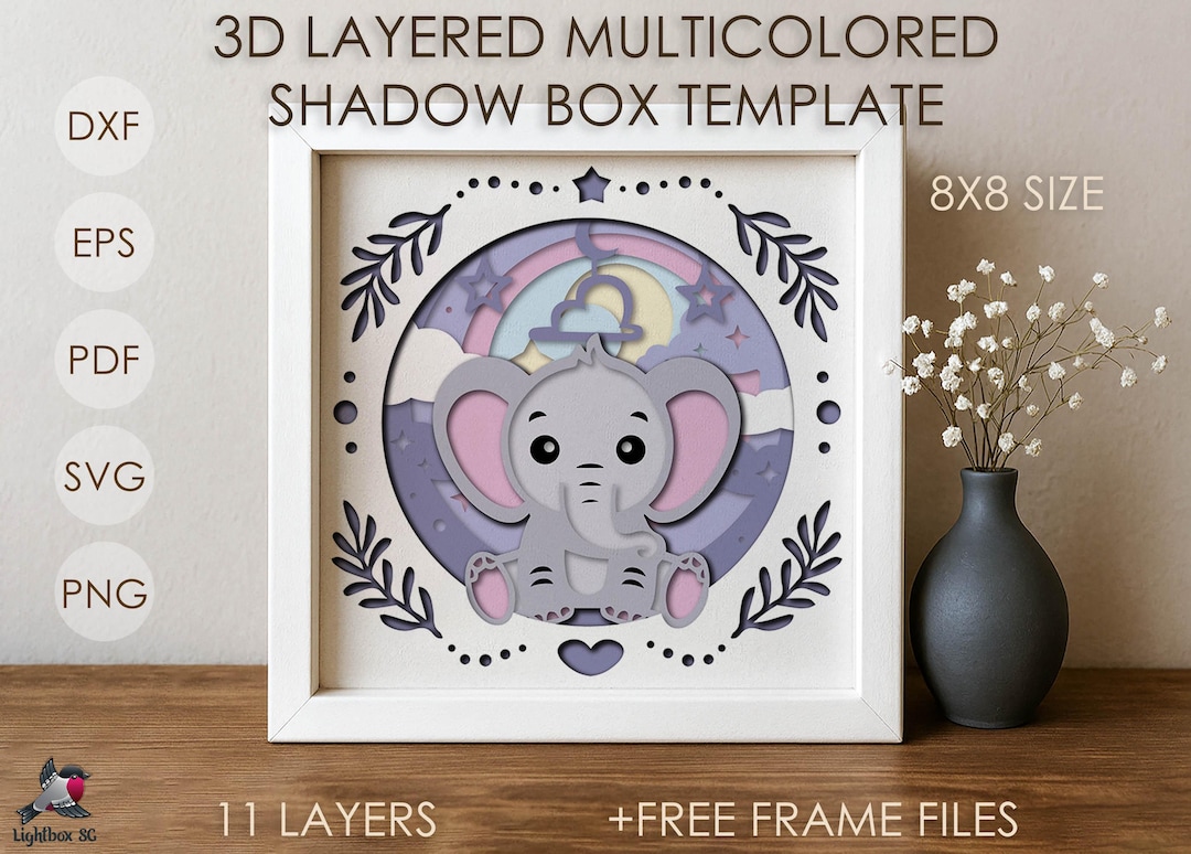 Baby Elephant Shadow Box SVG Template, Night Dream Colored Papercut ...