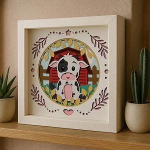 Farm Cow Baby Shadow Box SVG Template, Calf Colored Papercut Shadow Box ...