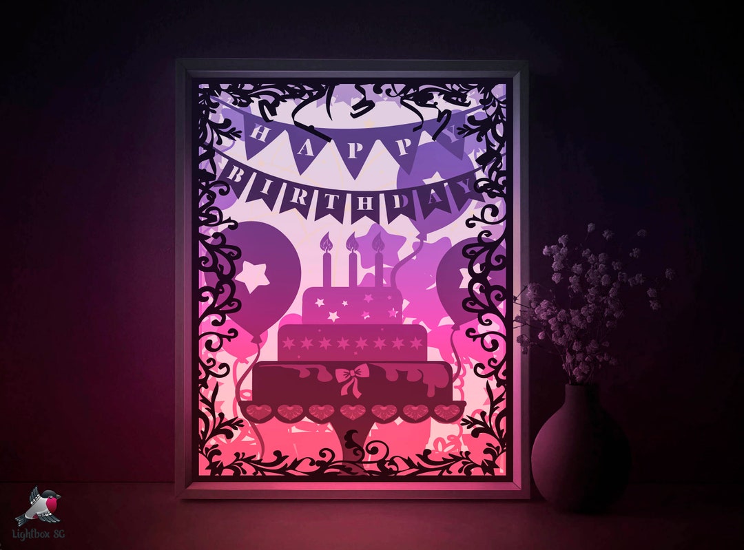 Happy Birthday Shadow Box SVG Template, Party Cake Silhouette Papercut ...