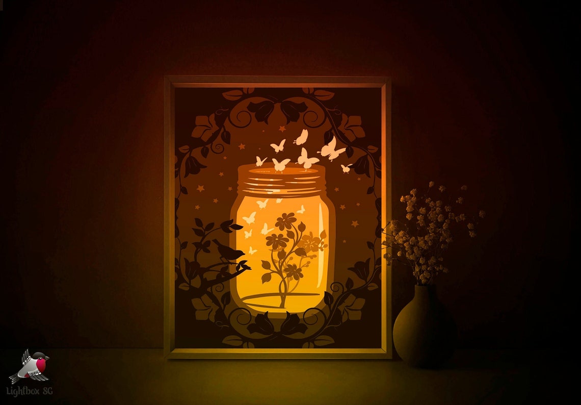 Flower Jar Shadow Box SVG Template Fairytale Butterflies - Etsy