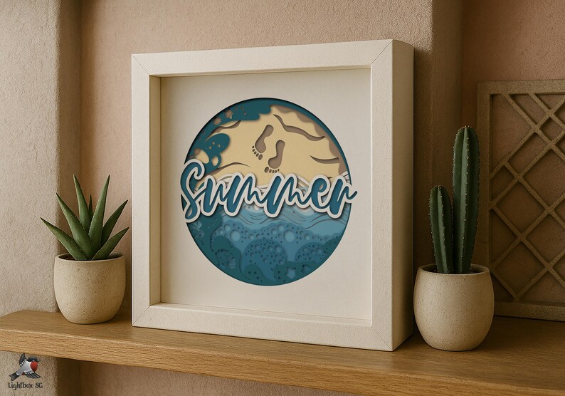 3D Summer Shadow Box SVG Template, Colored Sea Waves Papercut Beach ...