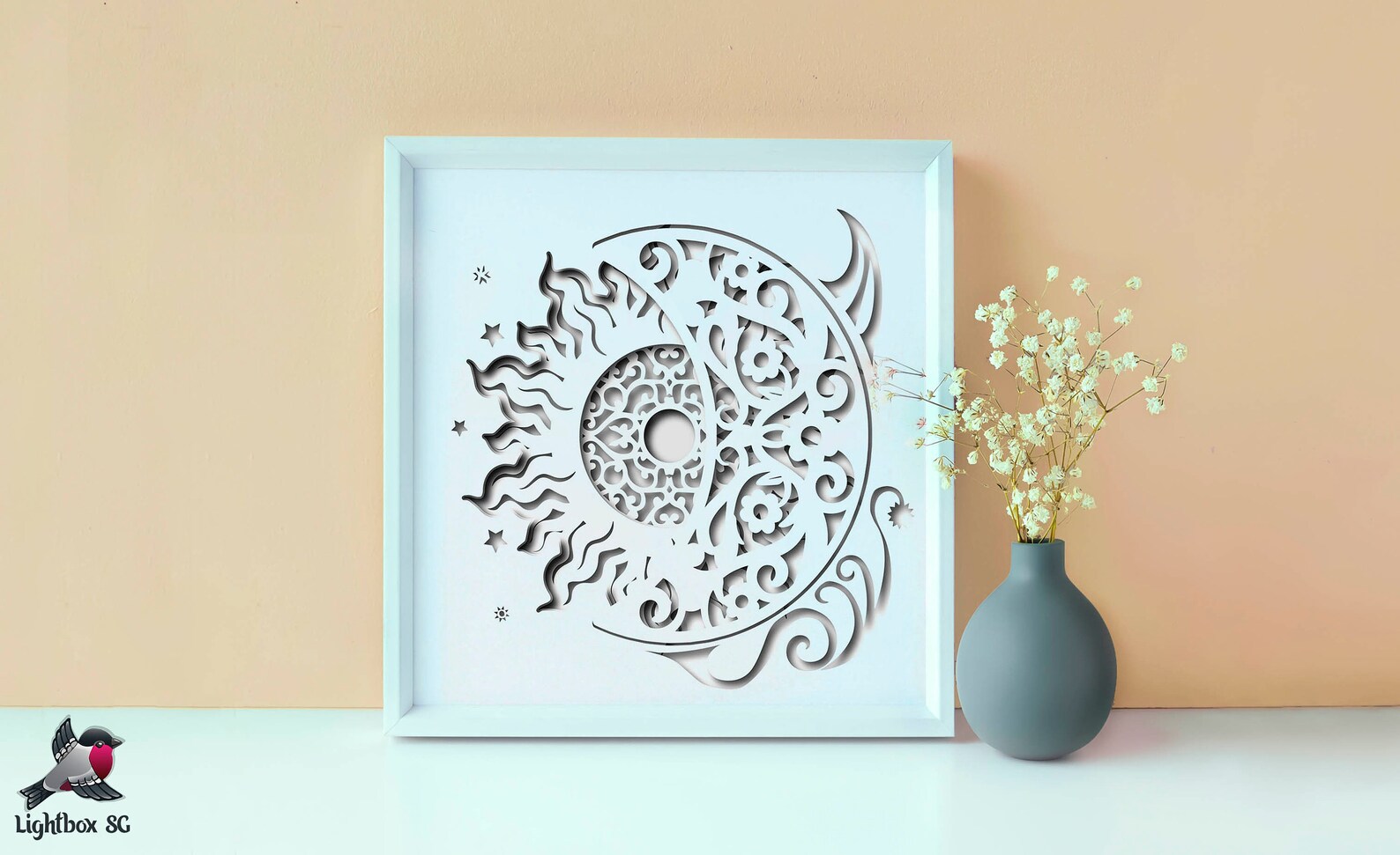 Moon and Sun Shadow Box SVG Template Stars Pattern Papercut - Etsy