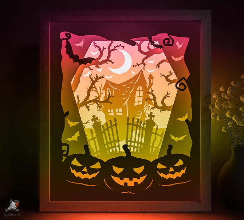 Halloween Shadow Box SVG Template, Haunted House Papercut Lightbox ...