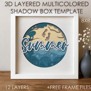 3D Summer Shadow Box SVG Template, Colored Sea Waves Papercut Beach ...