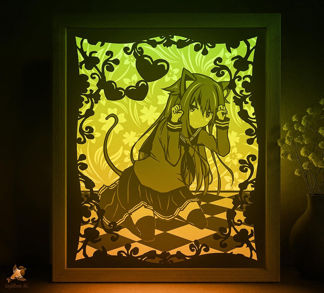 Anime Schoolgirl Shadow Box SVG Template, Neko Girl Papercut Lightbox ...
