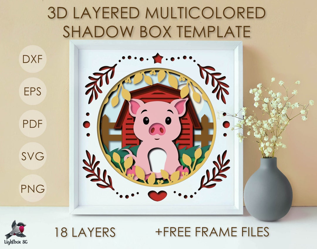 Farm Pig Baby Shadow Box SVG Template, Piglet Colored Papercut Shadow ...