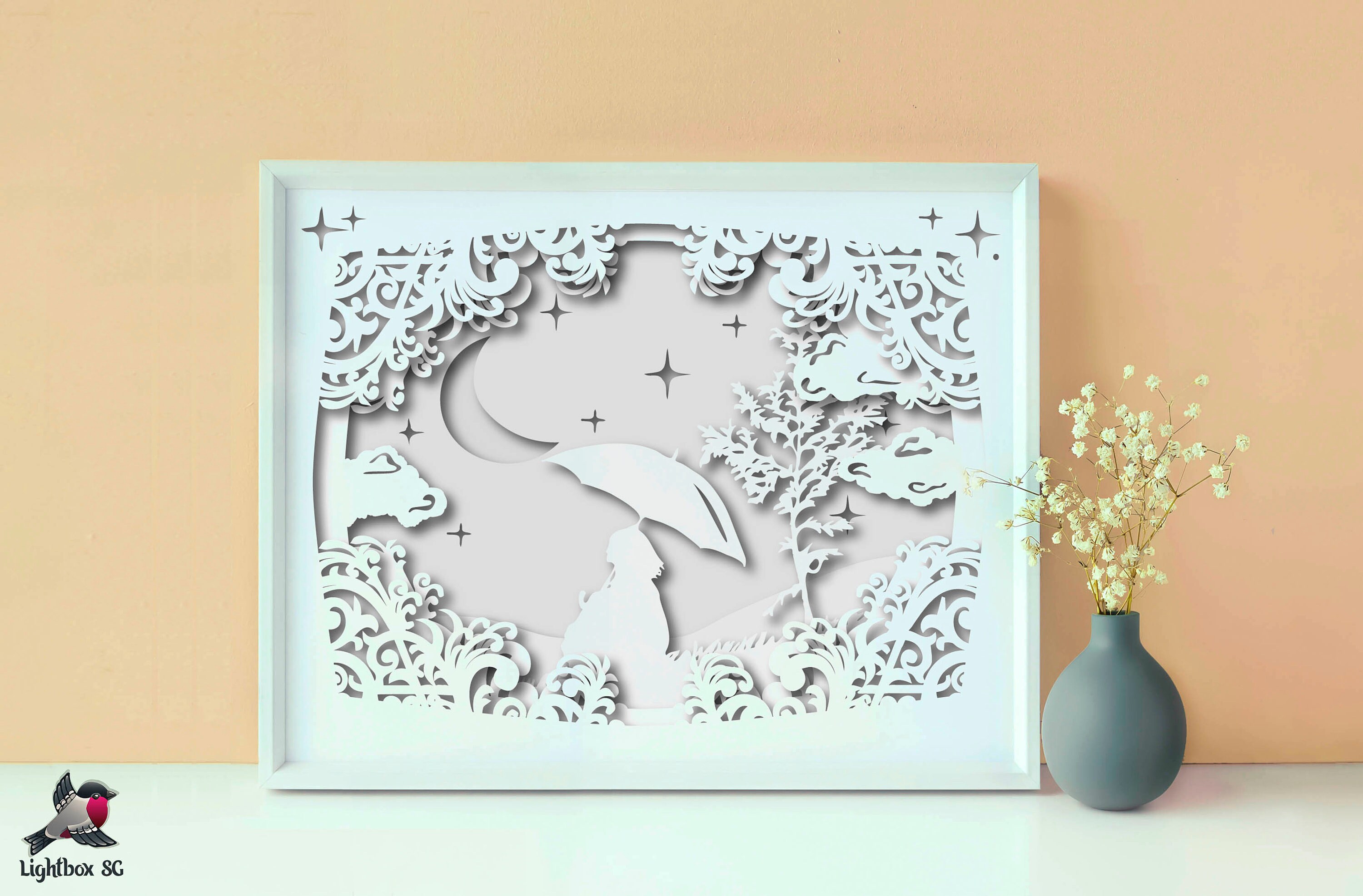 Night Sky Shadow Box SVG Template Girl With Umbrella Papercut - Etsy