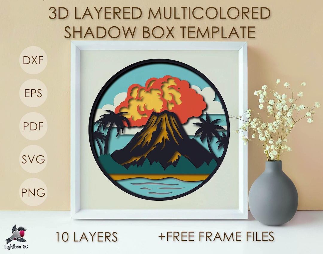 3D Volcano Montain Shadow Box SVG Template, Colored Papercut Cricut SVG ...