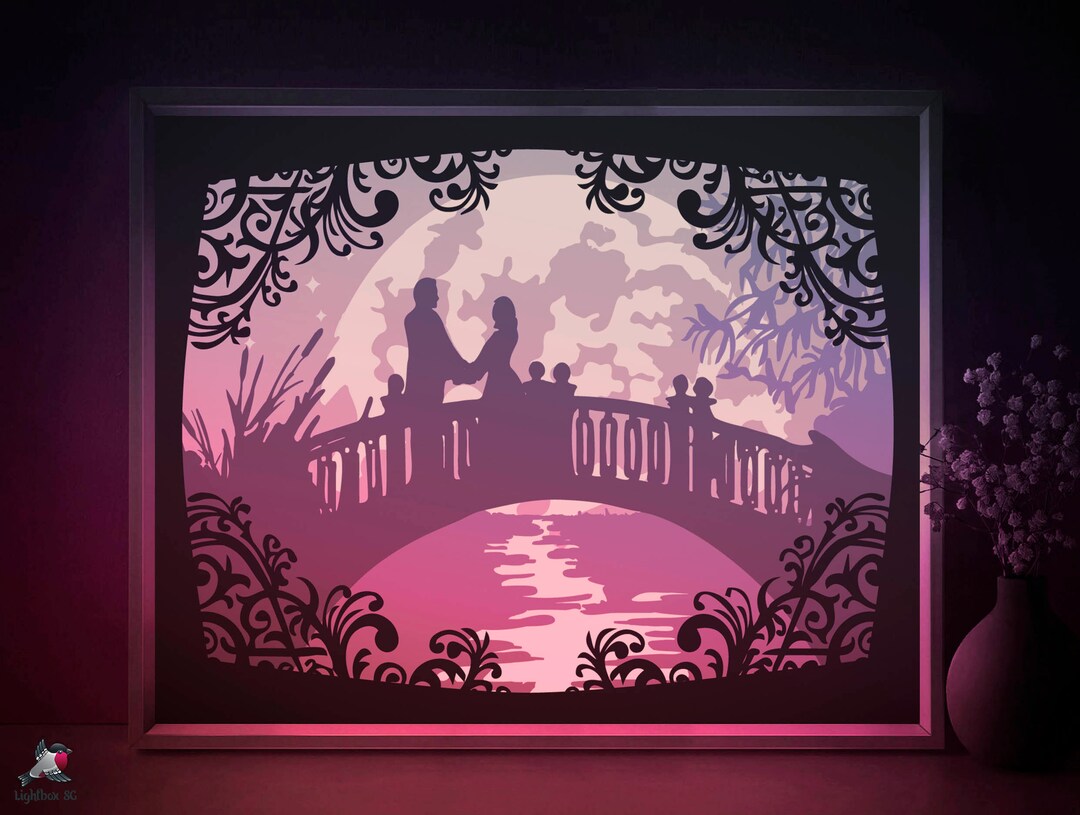 Full Moon Shadow Box SVG Template, Romantic Love Pair Papercut Lightbox ...