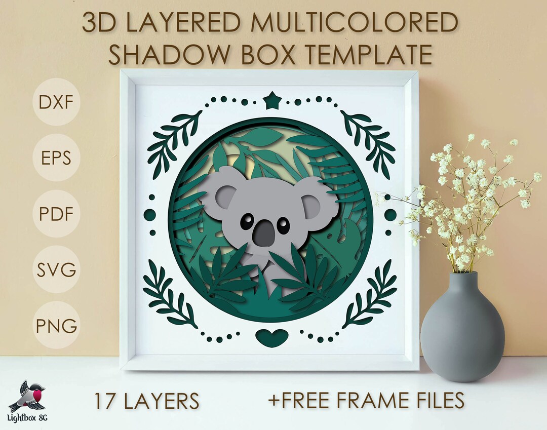 Forest Baby Koala Shadow Box SVG Template, Colored Papercut Leaves ...