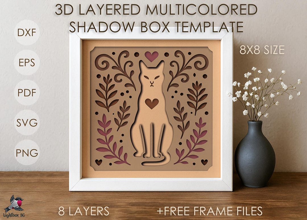 Cat Pattern Shadow Box SVG DXF Template, Colored Papercut Animal Cricut ...