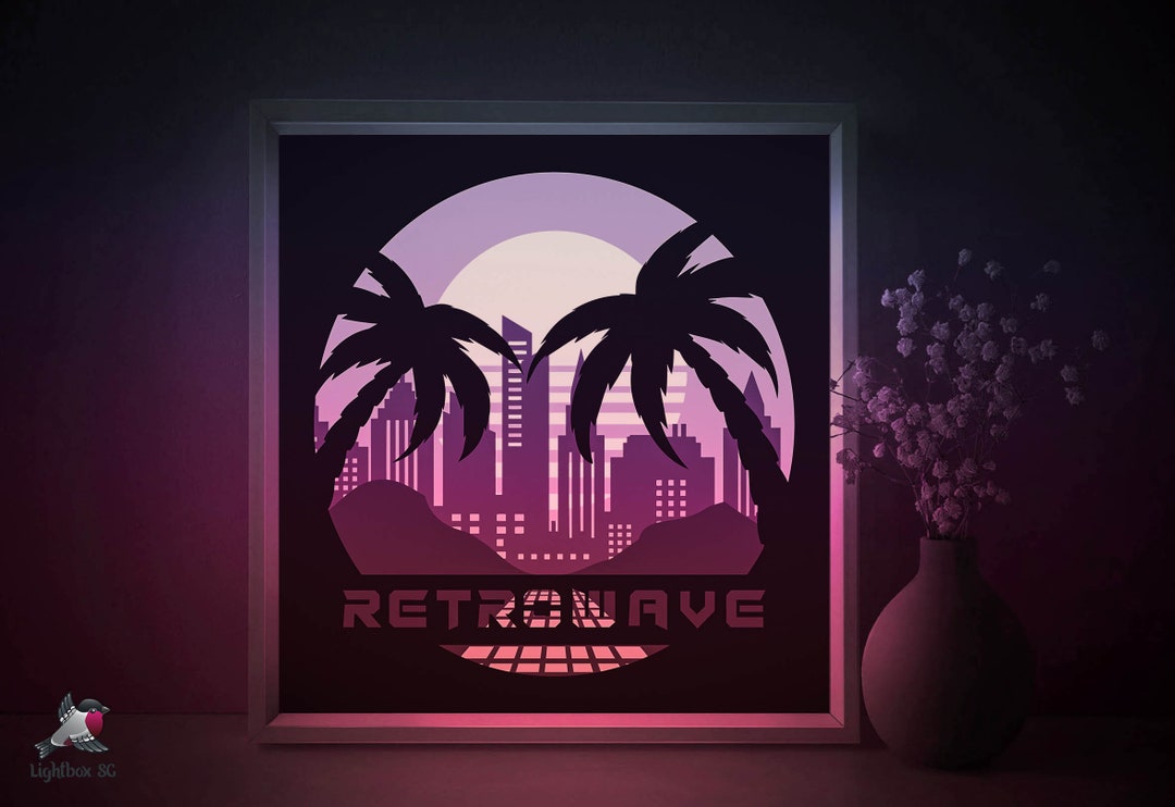 Retrowave Shadow Box SVG Template, Palm Trees Papercut Lightbox Cricut SVG, 3D Layered 80s Synth ...