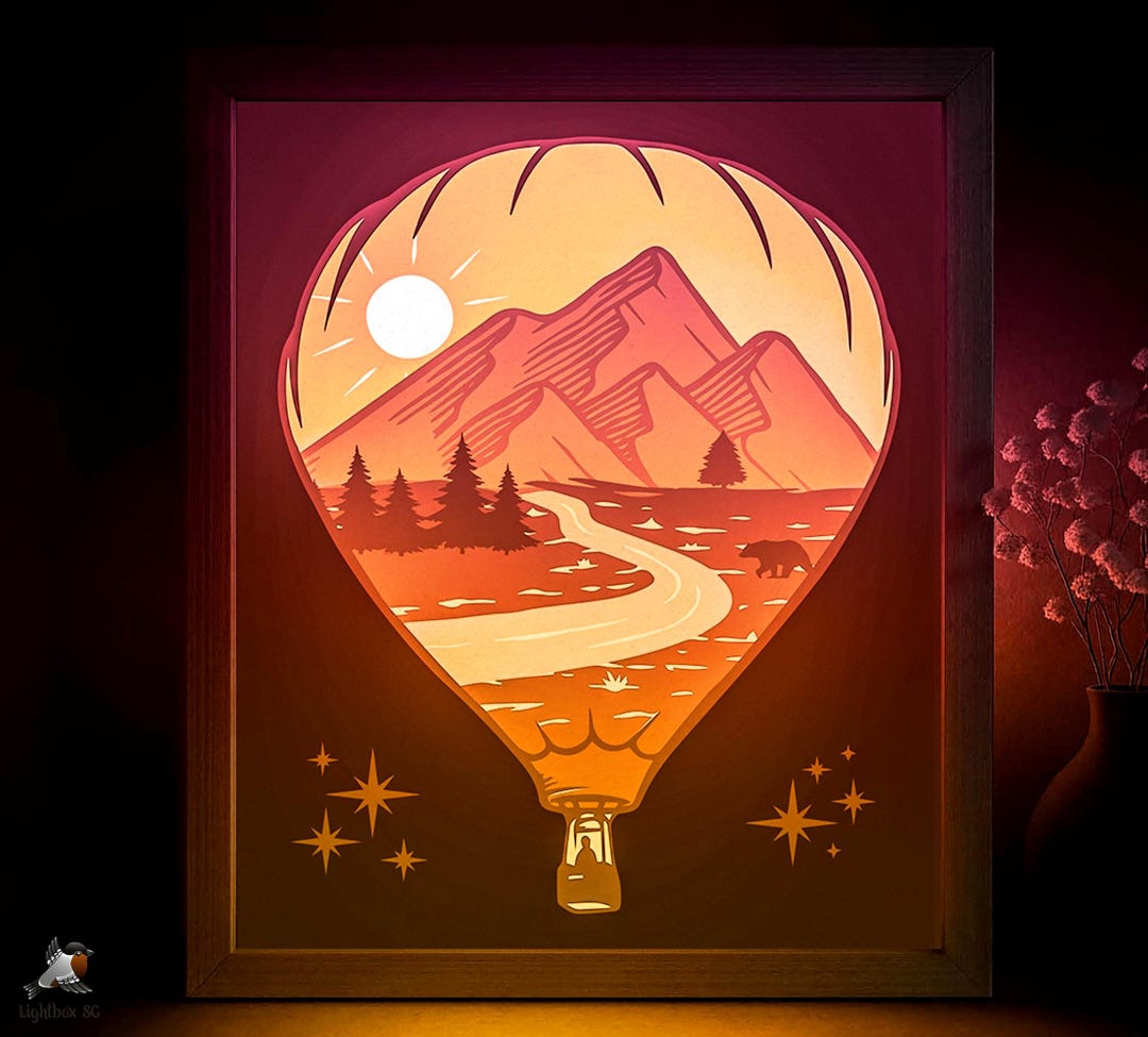 Forest Balloon Shadow Box SVG Template, Mountain River Nature Papercut ...