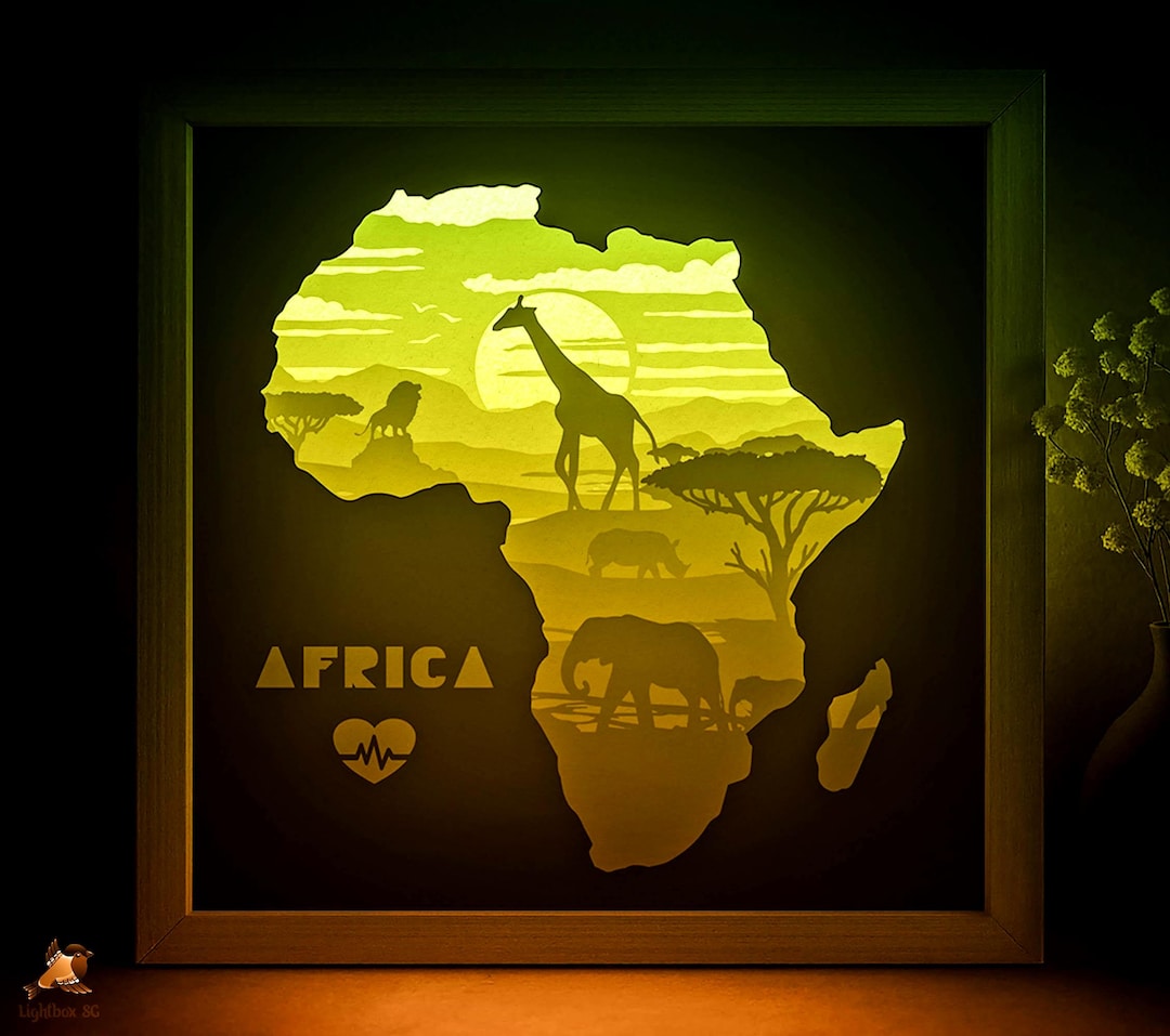 Africa Map Scape Shadow Box SVG Template, Safari Animals Papercut ...