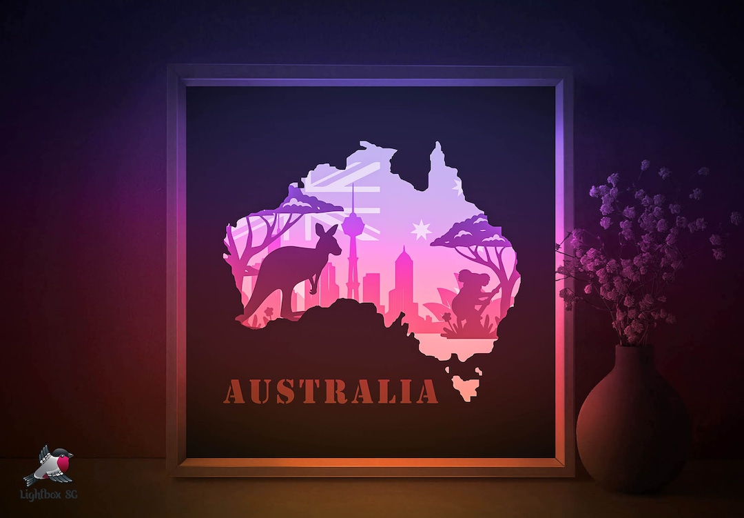 Australia Map Scape Shadow Box SVG Template, Kangaroo Papercut Lightbox ...