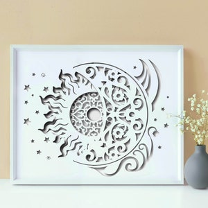 Moon and Sun Shadow Box SVG Template, Stars Pattern Papercut Lightbox ...
