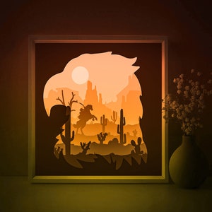 Wild West Shadow Box SVG Template, Eagle Cowboy Papercut Lightbox ...