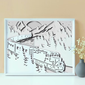 Night Train Shadow Box SVG Template, Mountain Forest Lake Nature ...