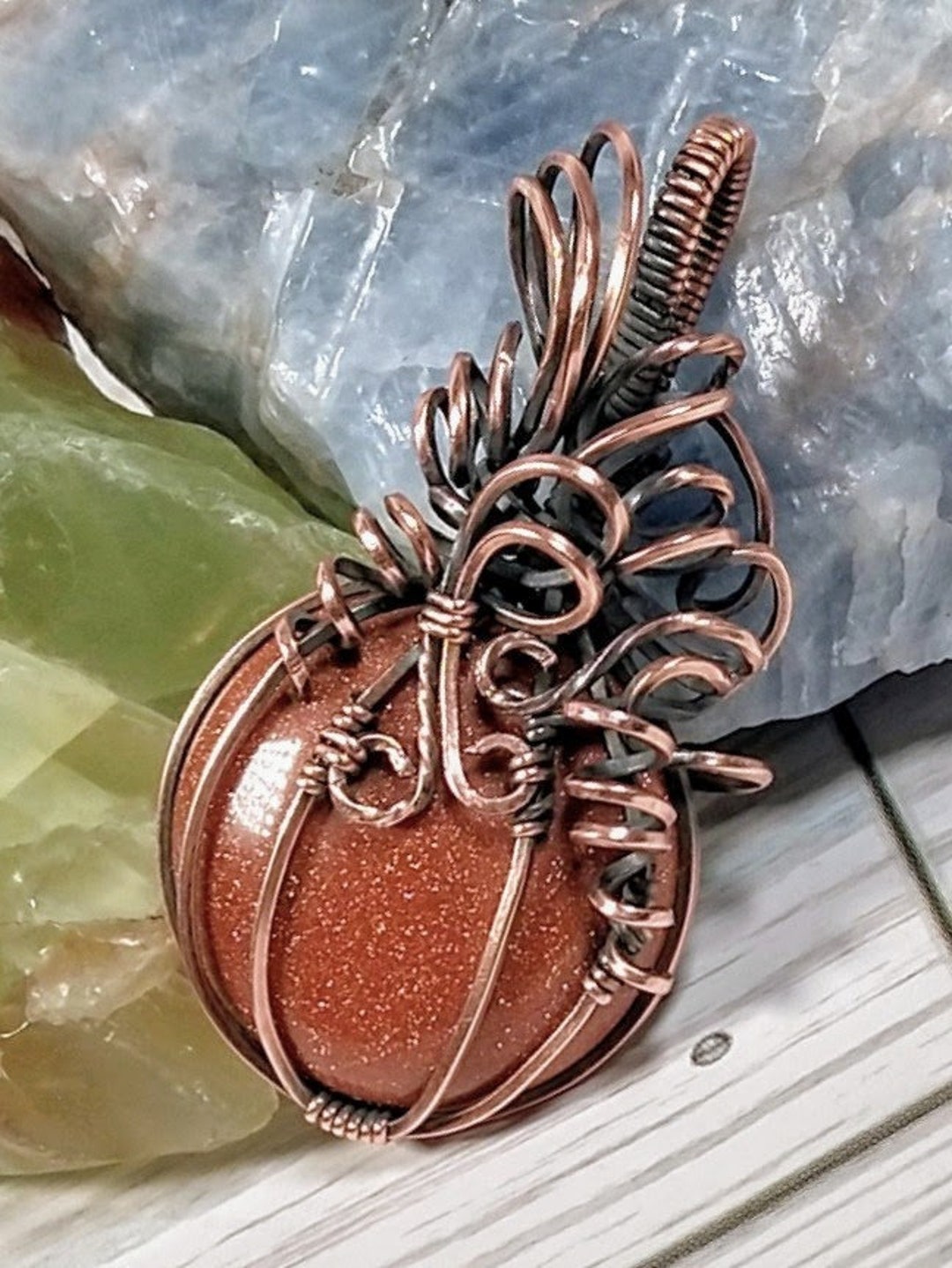 Antiqued Copper Wire Wrapped Pumpkin Pendant: Goldstone Fall Necklace ...