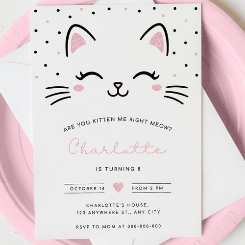 Are You Kitten Me Birthday Invitation Editable Kitty Cat - Etsy