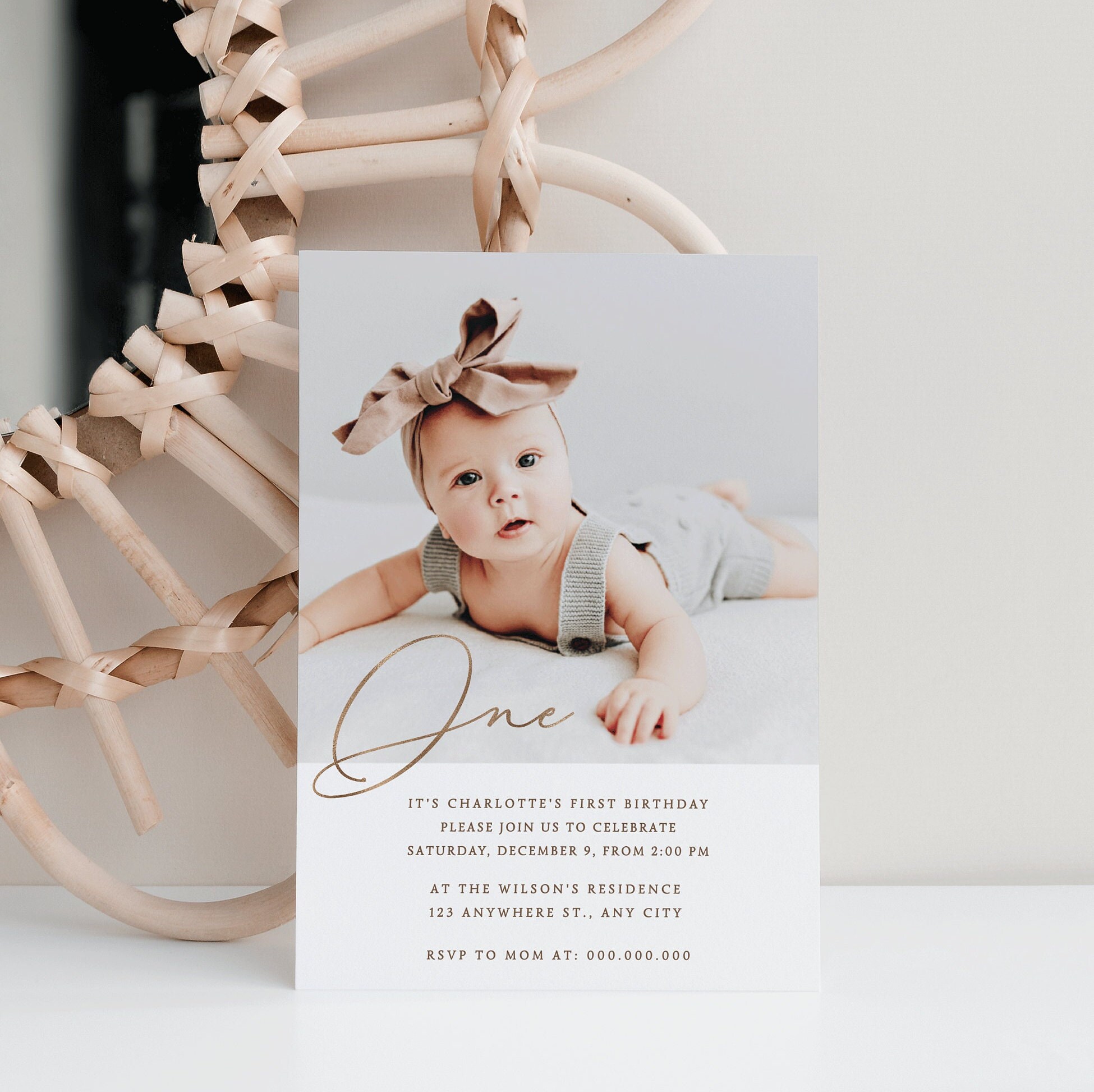 First Birthday Photo Invitation, Editable 1st Birthday Invitation, Gold ...