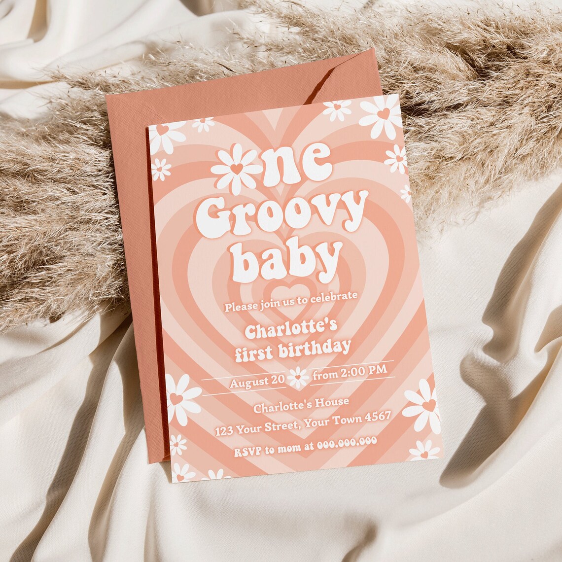Editable One Groovy Baby Invitation, Peach Retro Heart Invite, 1st ...