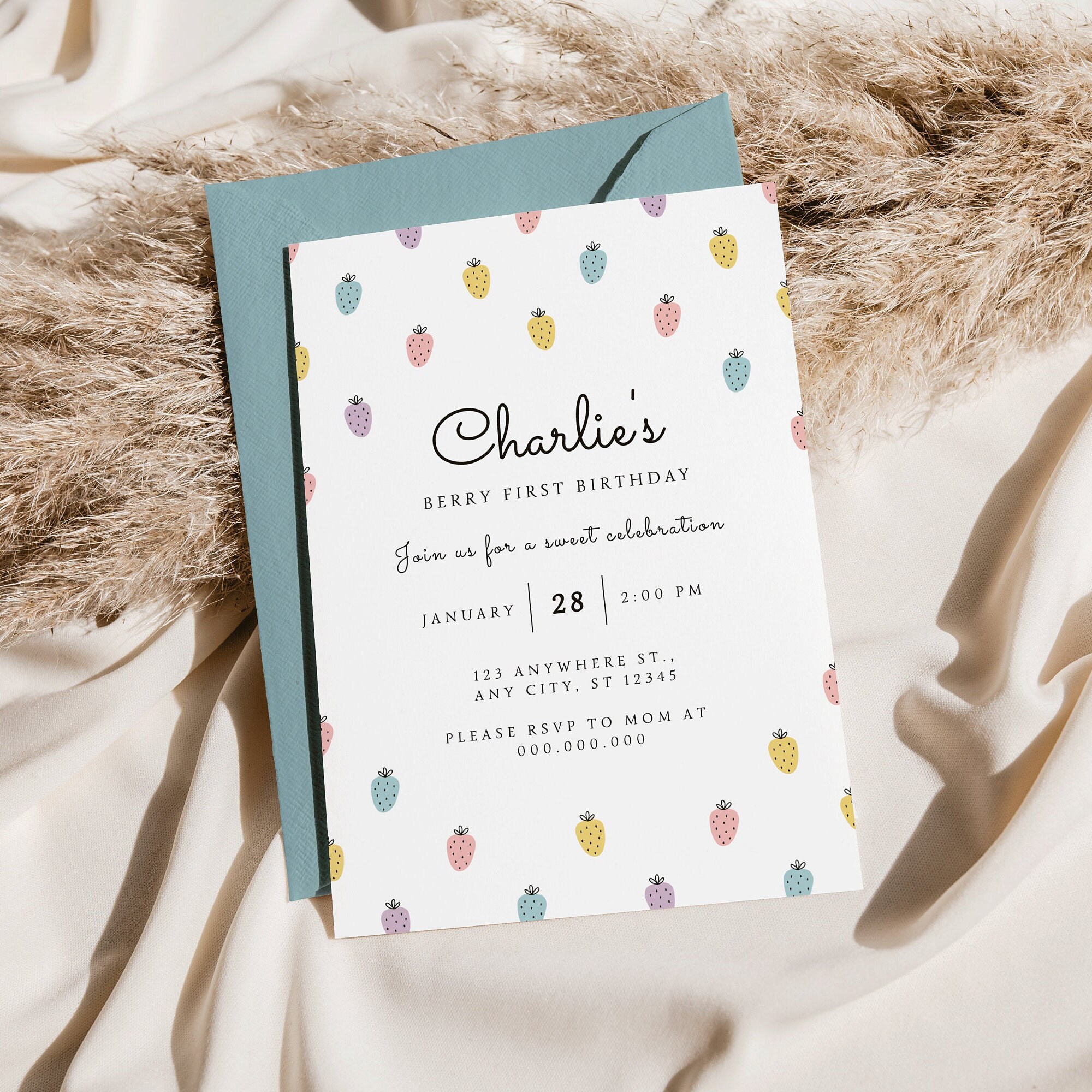 Editable Colored Strawberry Invitation, Rainbow Strawberry Invite, Cute ...