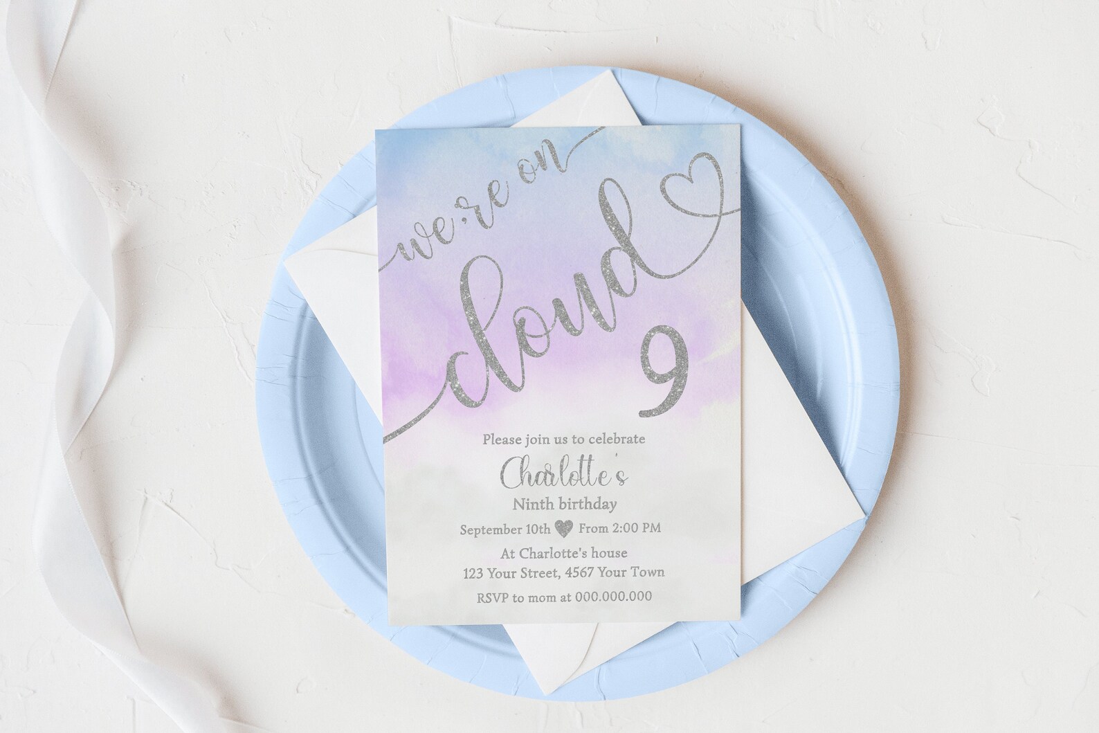 Editable Cloud 9 Birthday Invitation, Silver Glitter Birthday ...