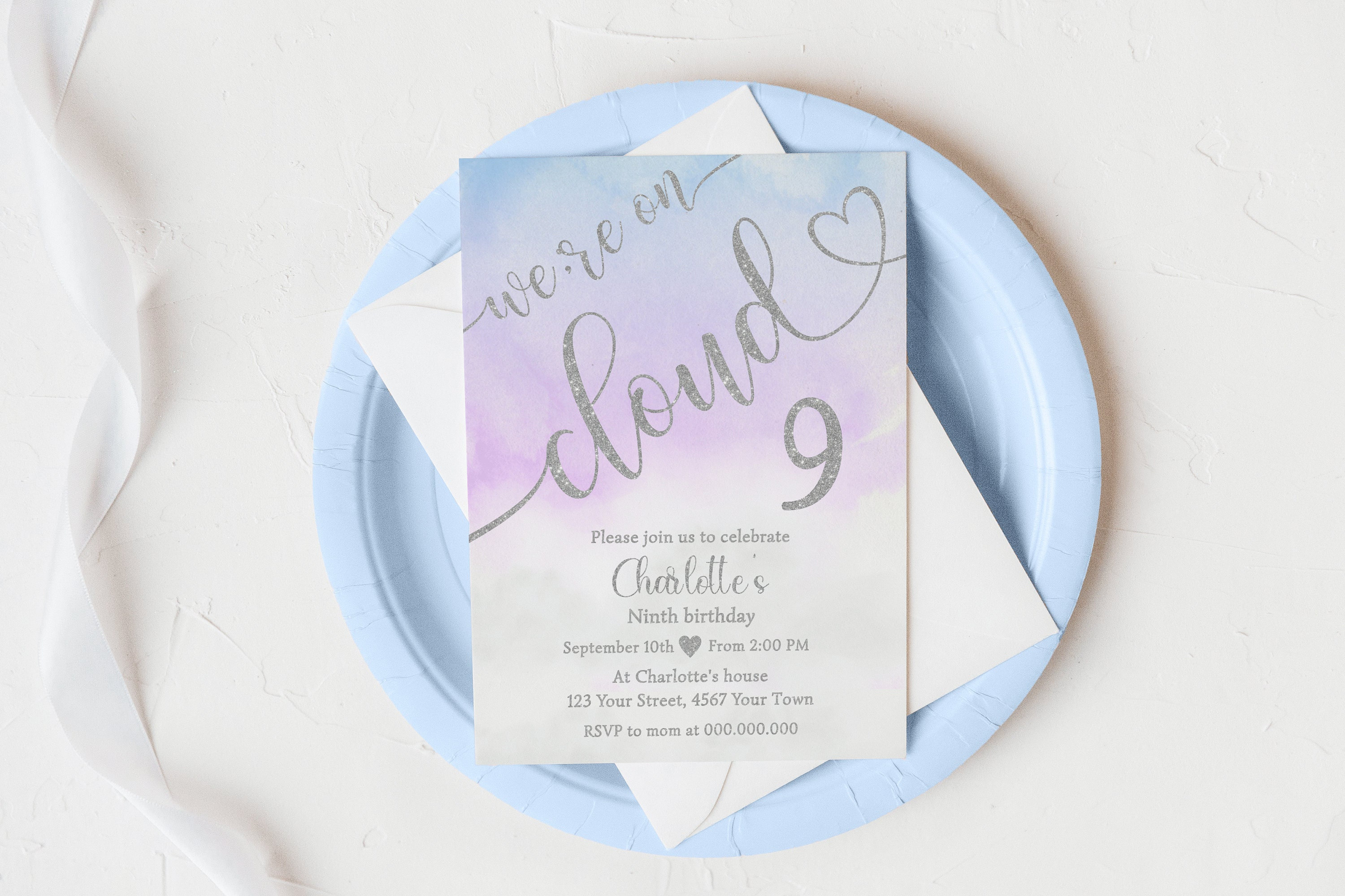 Editable Cloud 9 Birthday Invitation, Silver Glitter Birthday ...