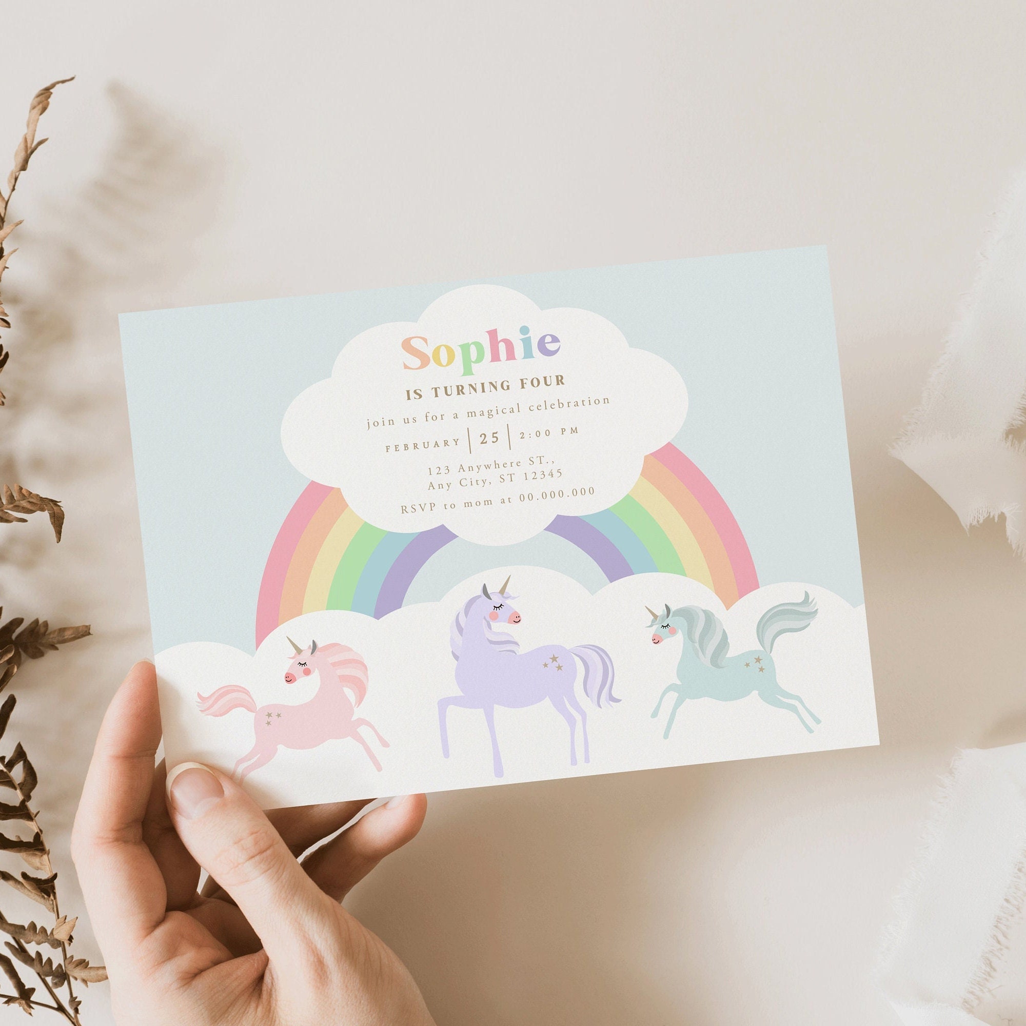 Unicorn Birthday Invitation Template, Unicorns and Rainbow Invite ...