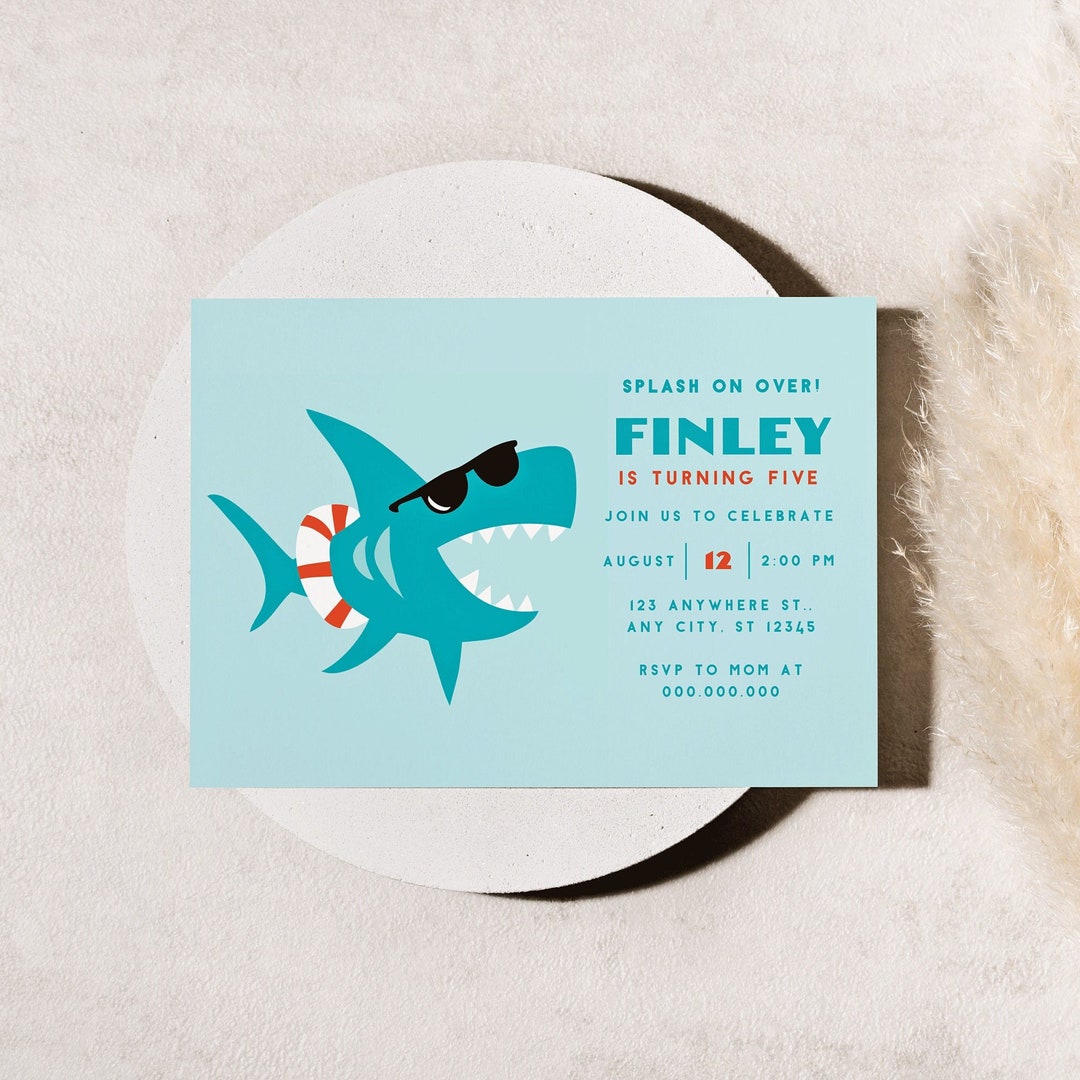 Editable Modern Shark Birthday Invitation Splash On Over Invitation