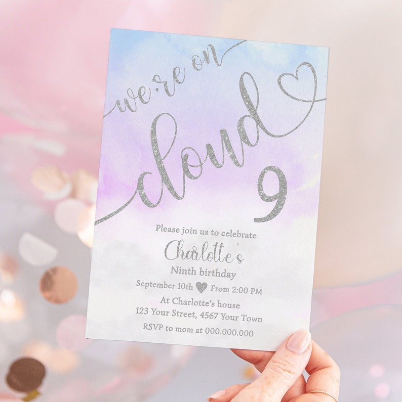 Editable Cloud 9 Birthday Invitation, Silver Glitter Birthday ...