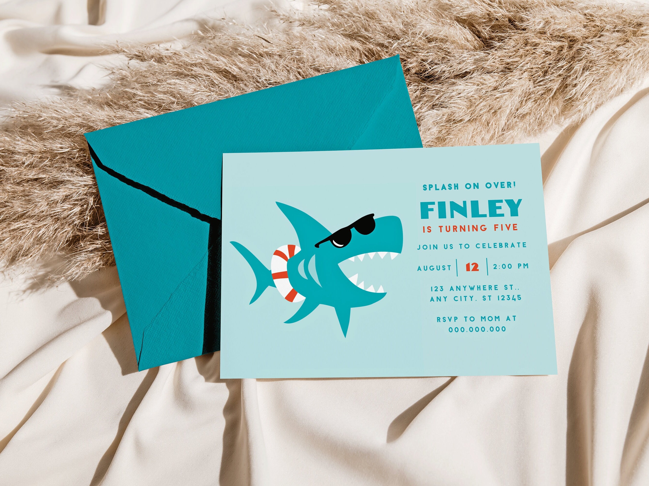 Editable Modern Shark Birthday Invitation Splash On Over Invitation