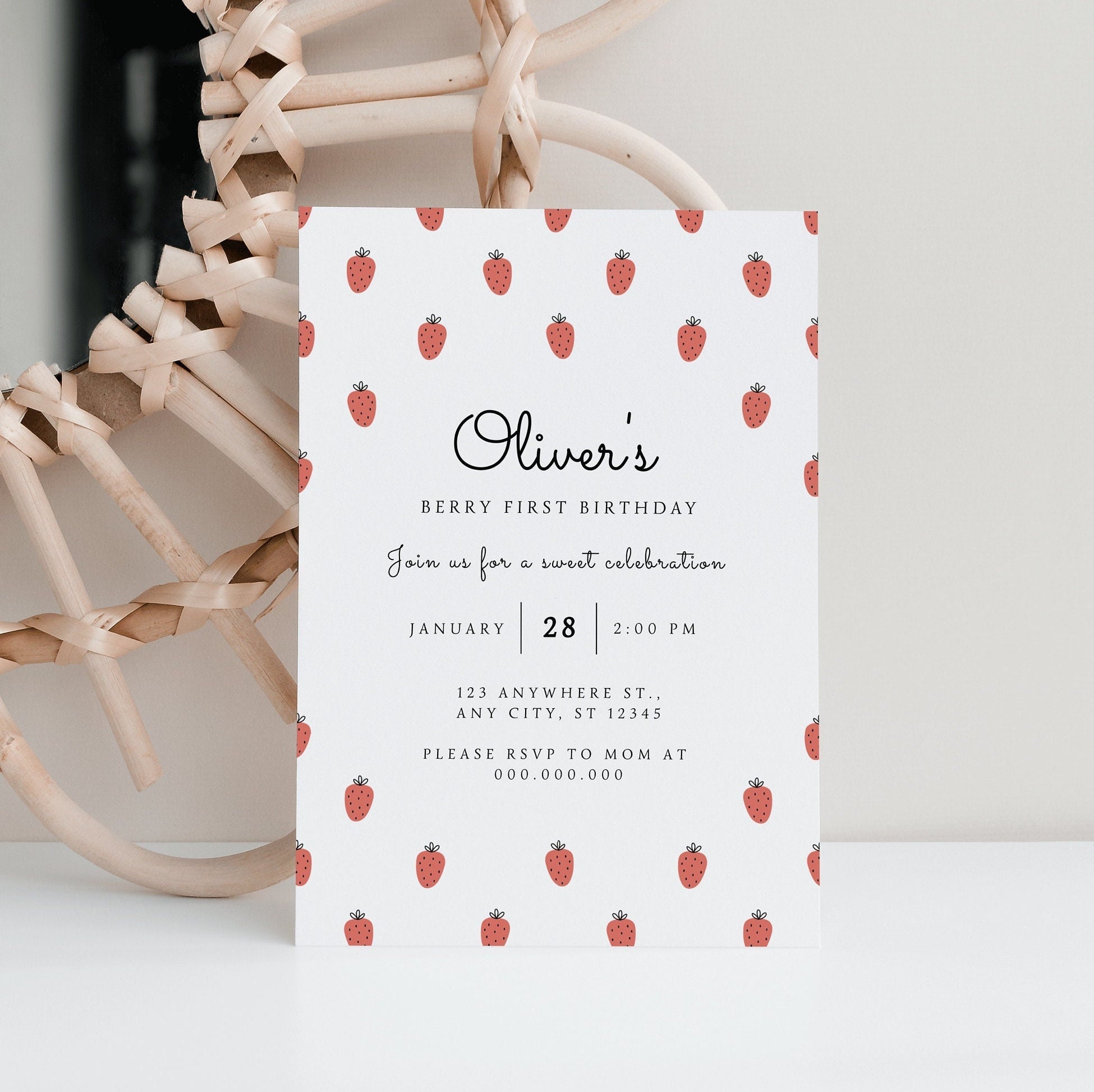 Editable Berry First Birthday Invitation, Modern Strawberry Invite ...