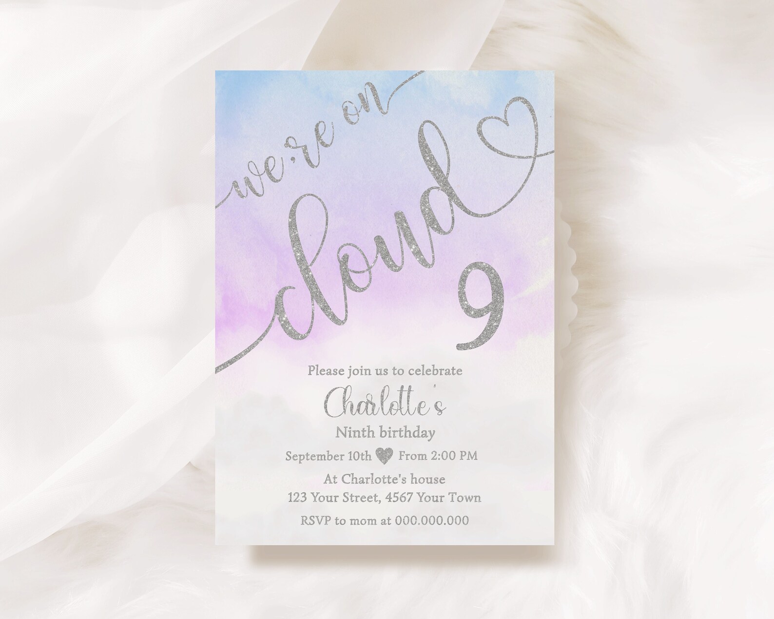 Editable Cloud 9 Birthday Invitation, Silver Glitter Birthday ...
