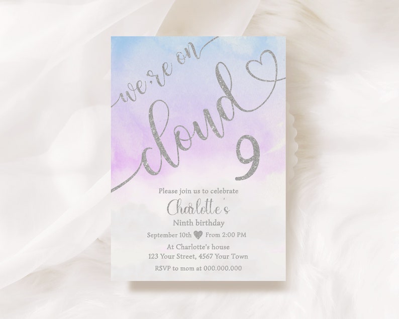Editable Cloud 9 Birthday Invitation, Silver Glitter Birthday ...