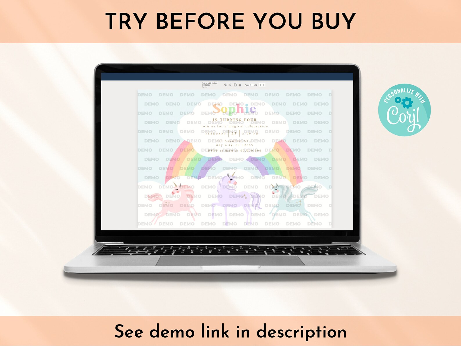 Unicorn Birthday Invitation Template, Unicorns and Rainbow Invite ...