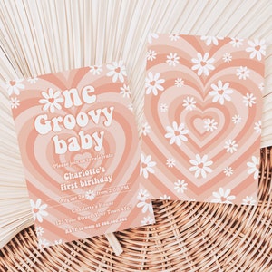 Editable One Groovy Baby Invitation, Peach Retro Heart Invite, 1st ...