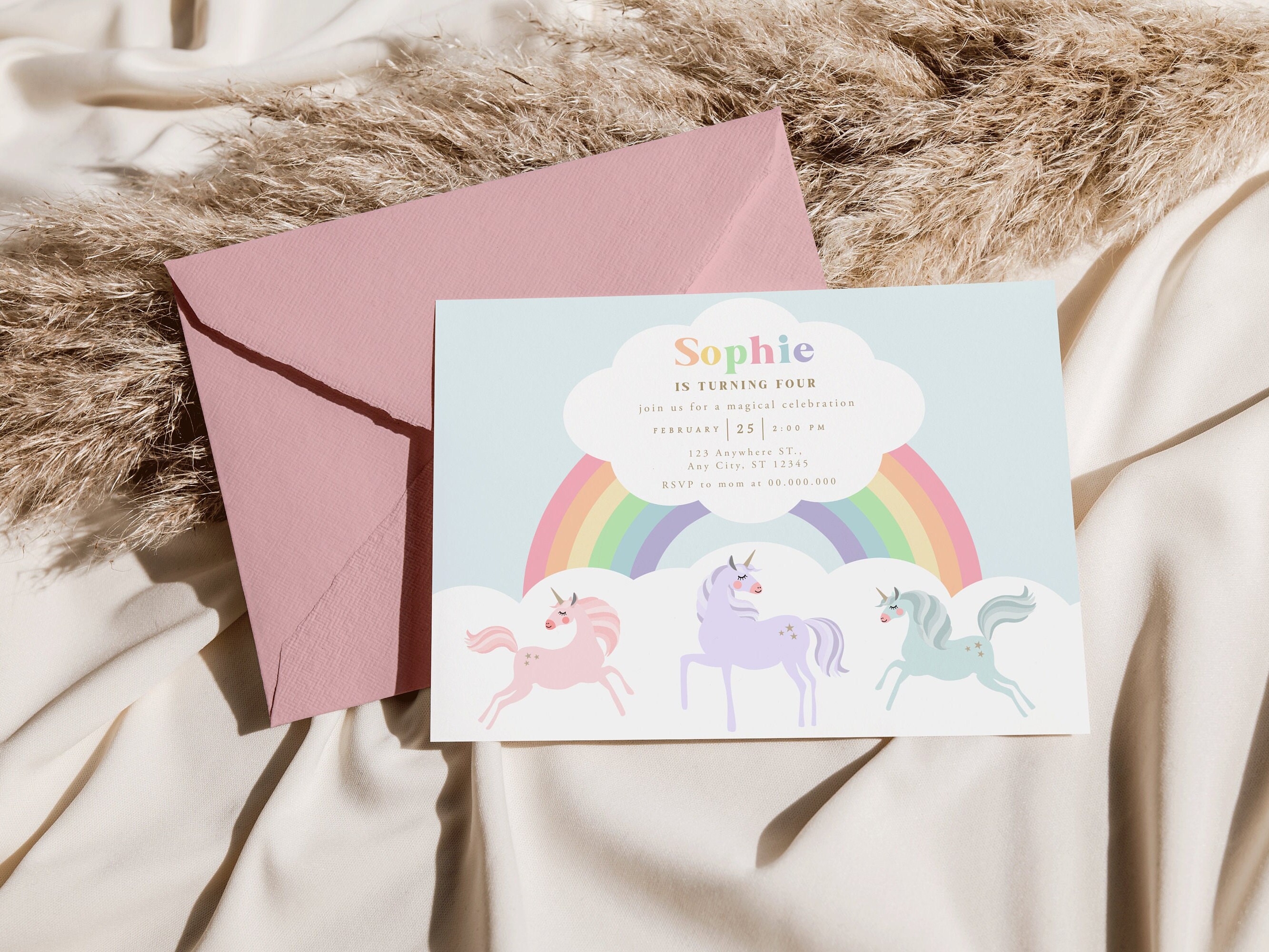 Unicorn Birthday Invitation Template, Unicorns and Rainbow Invite ...