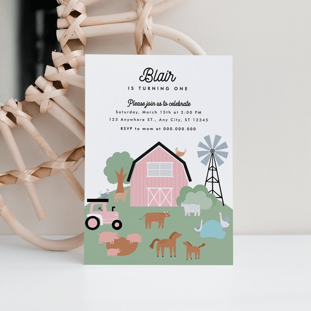 Editable Pink Farm Invitation, Any Age Girl Birthday Invitation, Modern ...