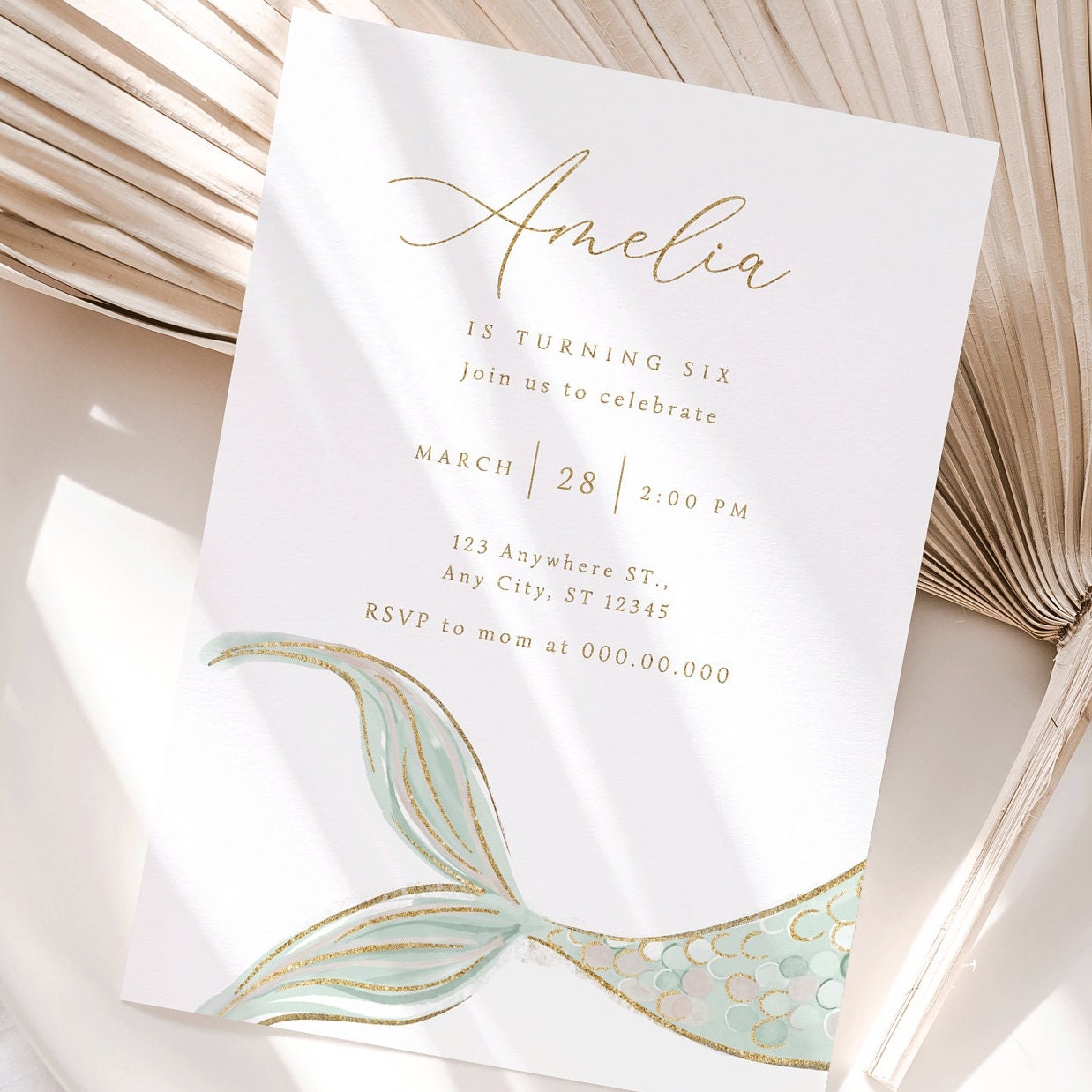 Editable Green Mermaid Tail Invitation, Gold Mermaid Invitation, Modern ...