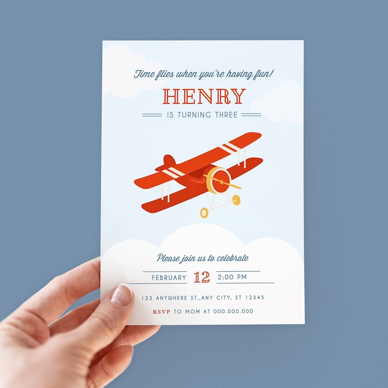 Editable Vintage Airplane Invitation, Any Age Boy Invite, Flying ...