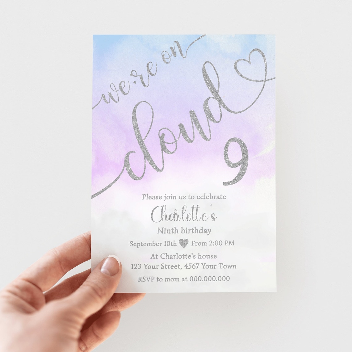 Editable Cloud 9 Birthday Invitation, Silver Glitter Birthday ...