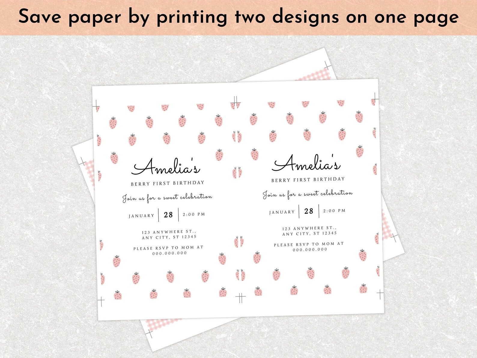 Editable Pink Strawberry Invitation, Modern Strawberry Invite, Cute ...