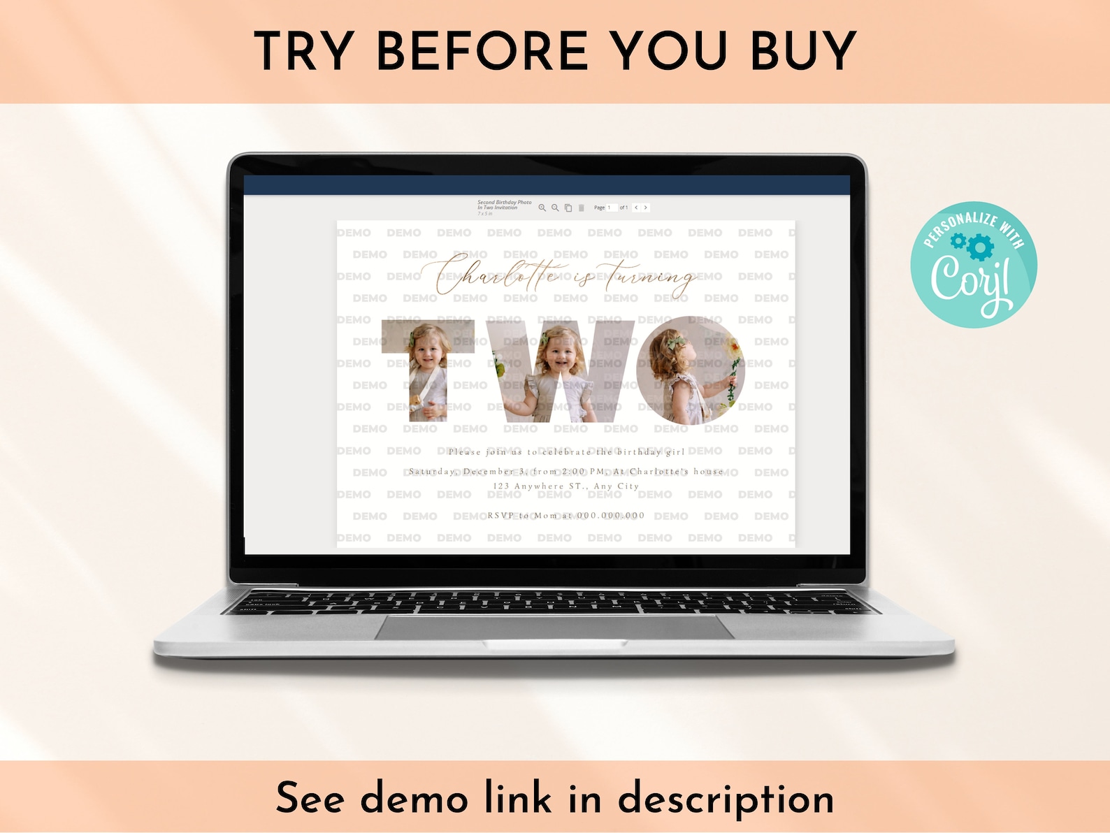 Editable Second Birthday Photo Invitation, Photo's in Text Invitation ...