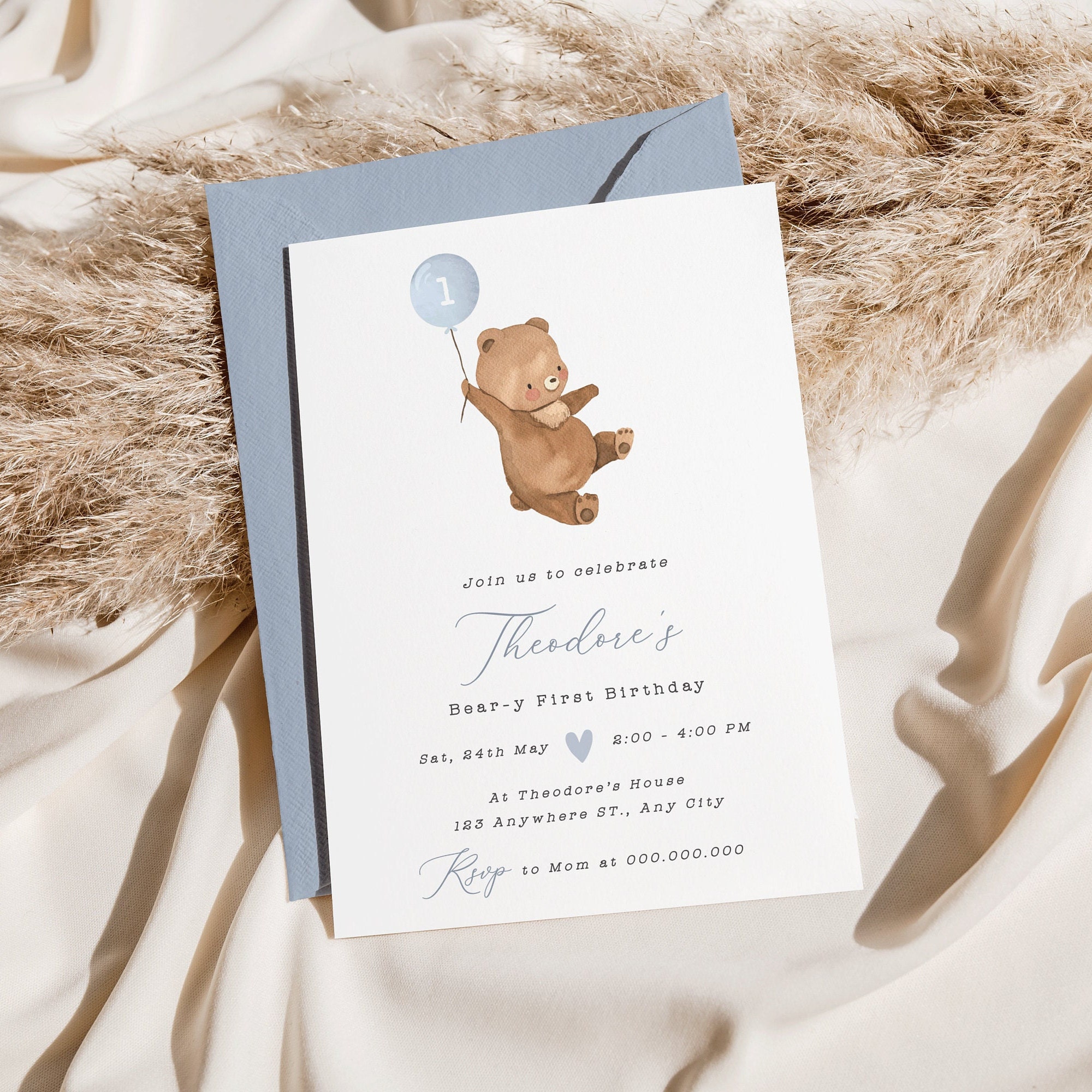 Editable Teddy Bear Birthday Invitation, Beary First Birthday Invite ...