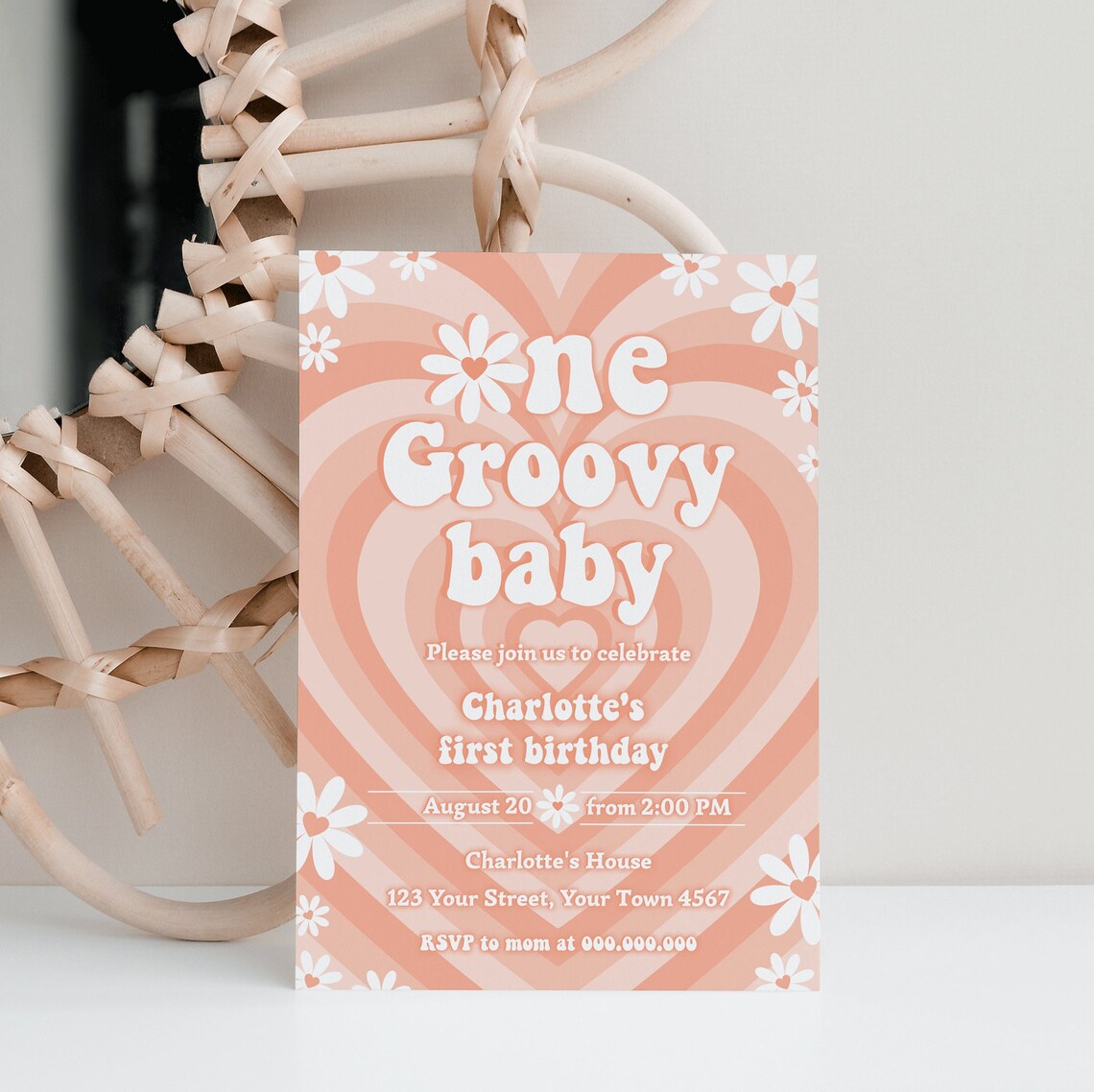 Editable One Groovy Baby Invitation, Peach Retro Heart Invite, 1st ...