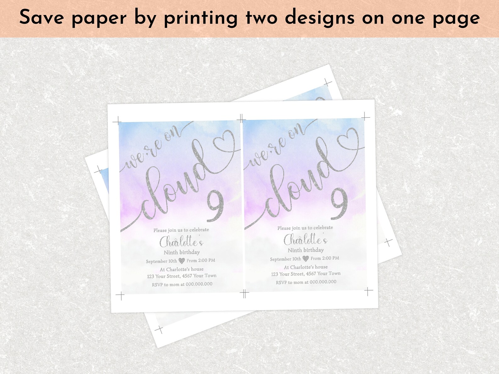 Editable Cloud 9 Birthday Invitation, Silver Glitter Birthday ...